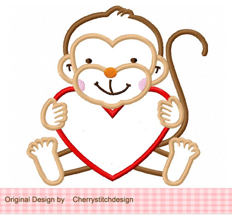Monkey Baby Monkey With Heart Machine Embroidery Applique | Etsy