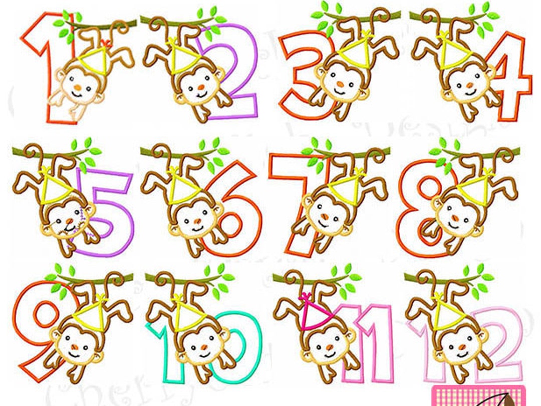 Monkey Numbers, Birthday Numbers Machine Embroidery Design Applique-4x4 ...