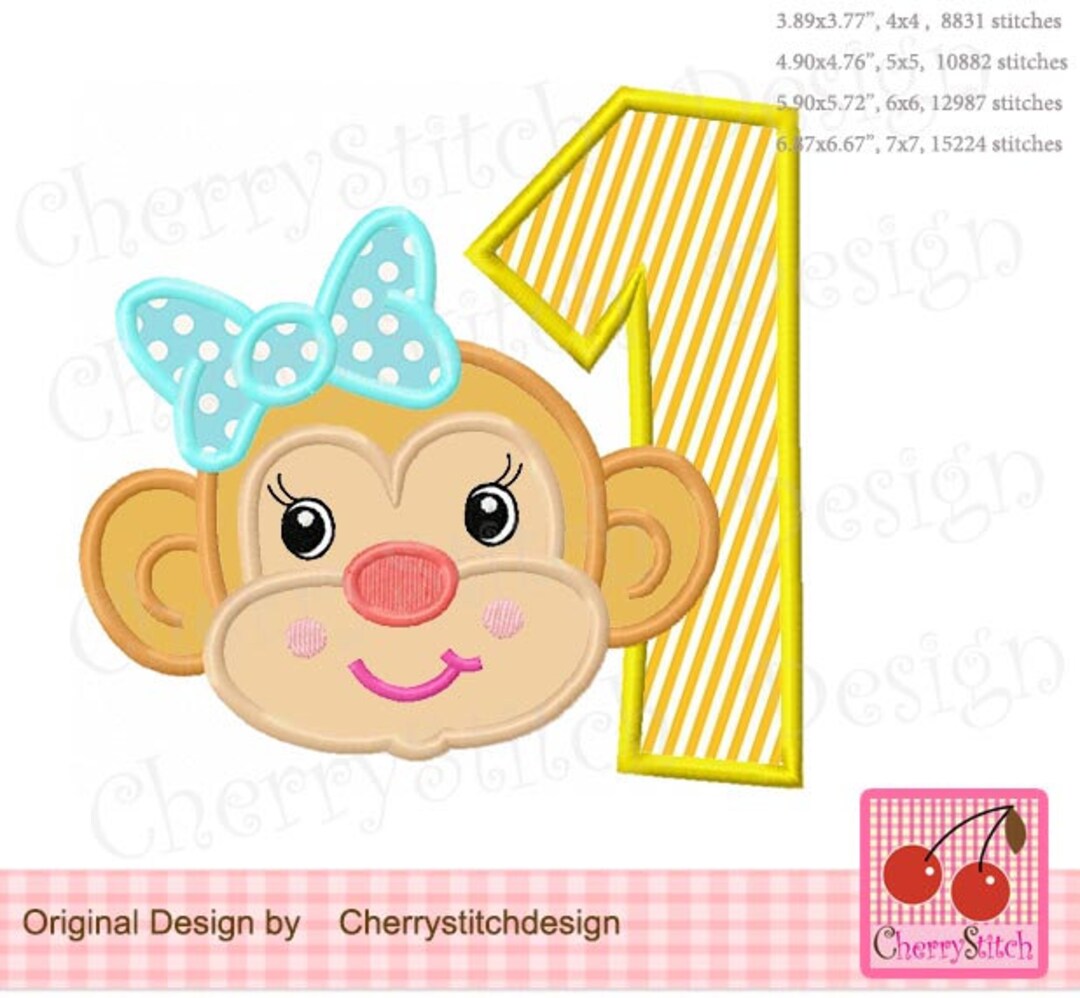 Monkey Face Number 1, Birthday Number 1 Machine Embroidery Applique for ...