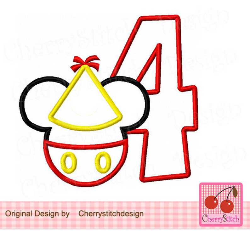 Mickey Number 4 Birthday Machine Embroidery Applique - Etsy