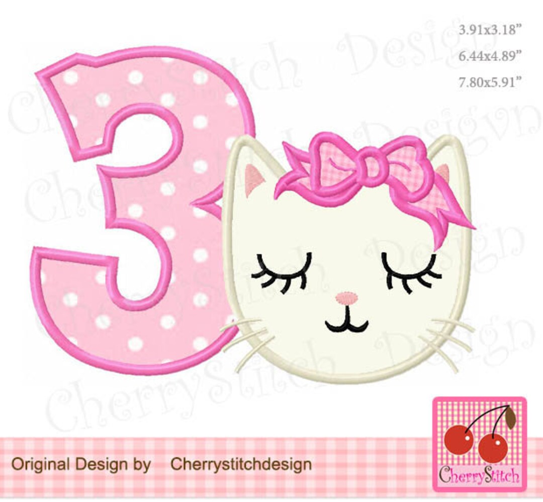 Cat Number 3 Kitty Cat With Bow Machine Embroidery Applique Design ...