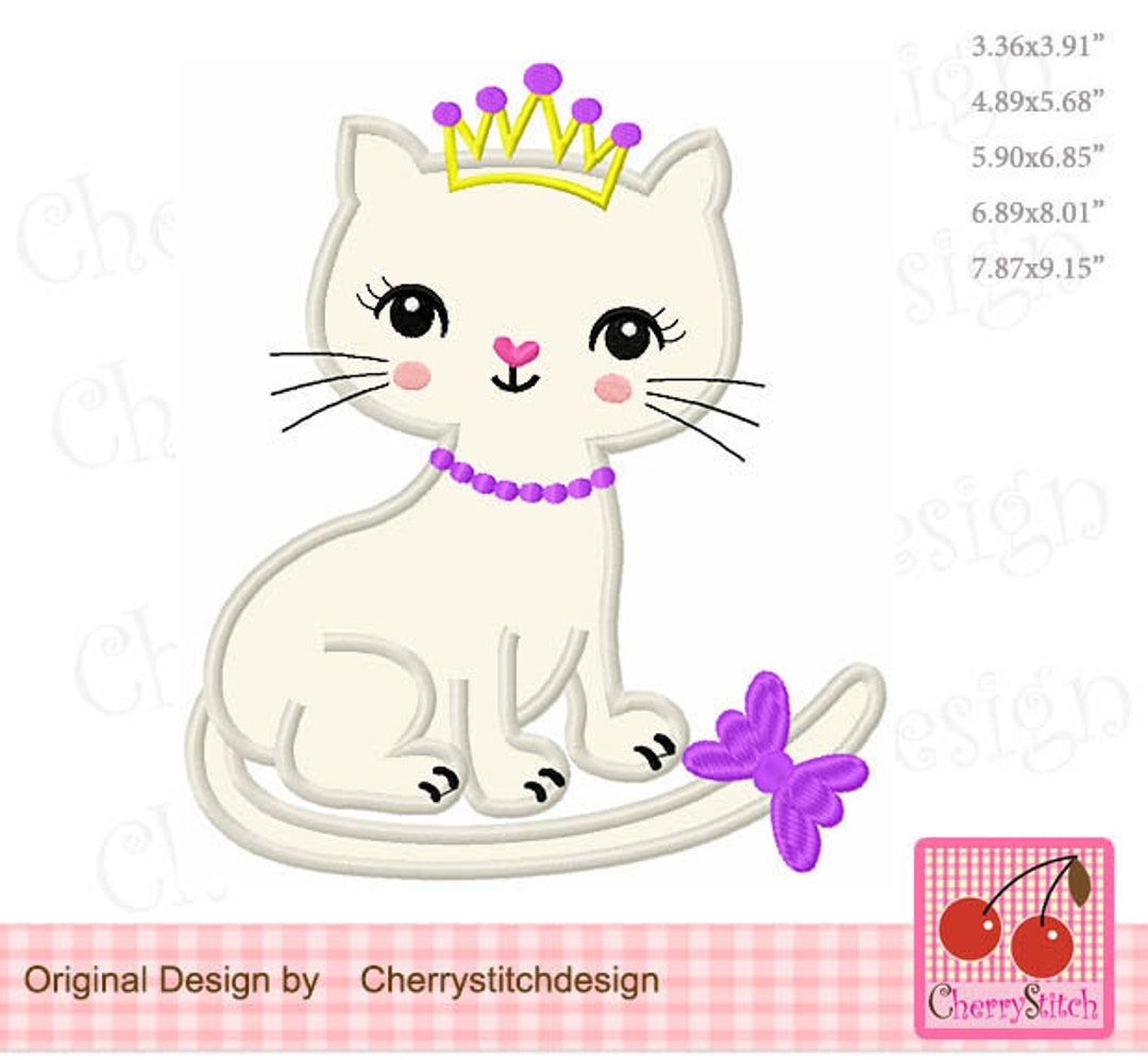 Princess Kitty Cat Machine Embroidery Applique (4x4, 5x7, 6x10, 7x12 ...
