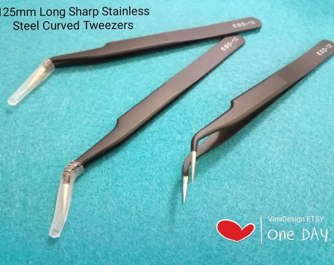 125mm Long Sharp Stainless Steel Curved Tweezers Anti Magnetic Nail Art ...