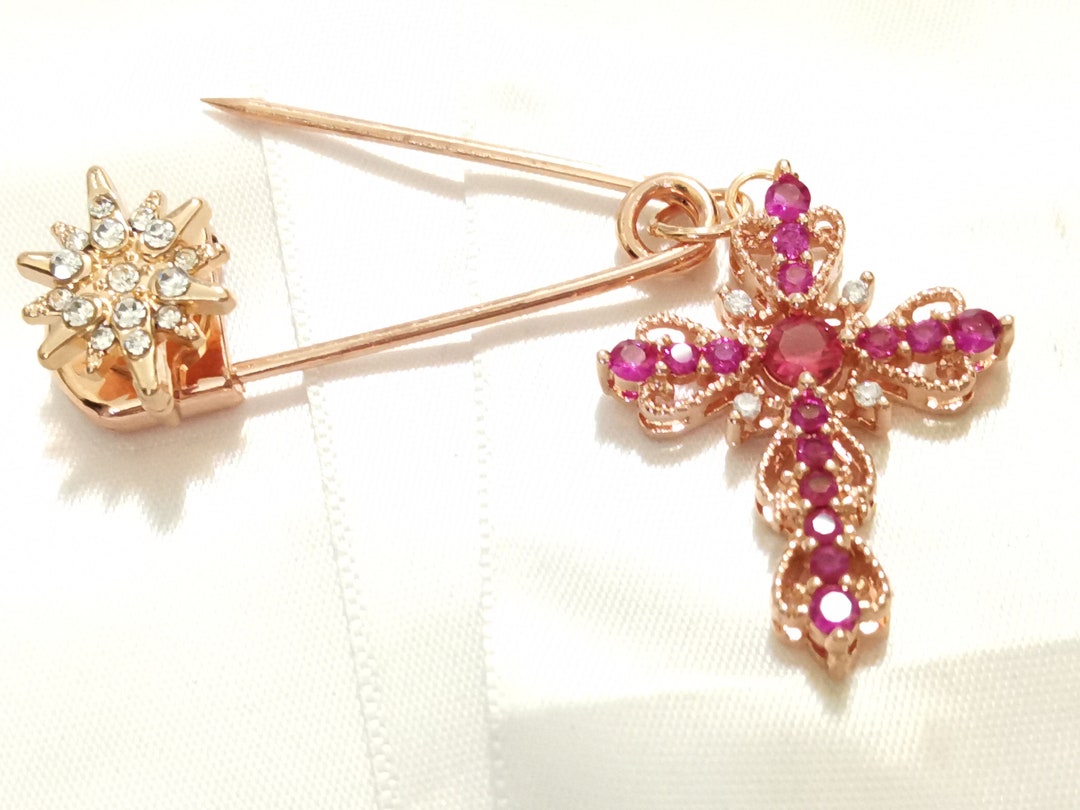 Rose Gold Purple Red Cross and Diamond Star Charm Safety Pin Brooch ...