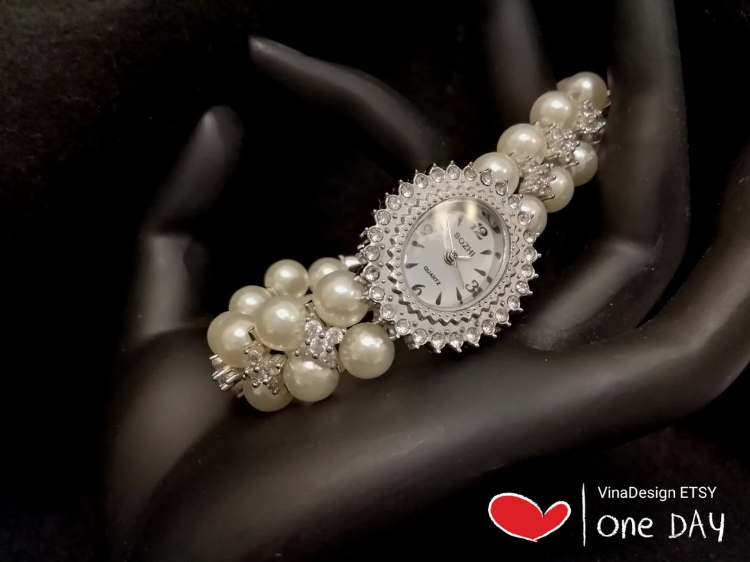 Pearl Bead Bracelet Diamond Watch White Pearl Diamond Oval Watch Beaded ...