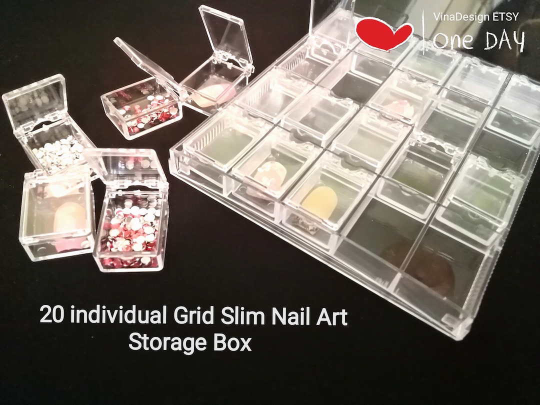 20 Grid Pink Slim Nail Art Storage Box Clear Storage Box Nail Charm ...