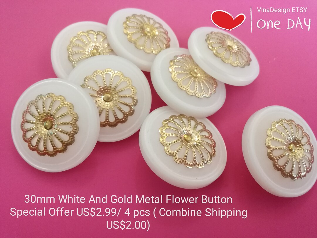 30mm White and Gold Flower Button Big White Button Antique White Button ...
