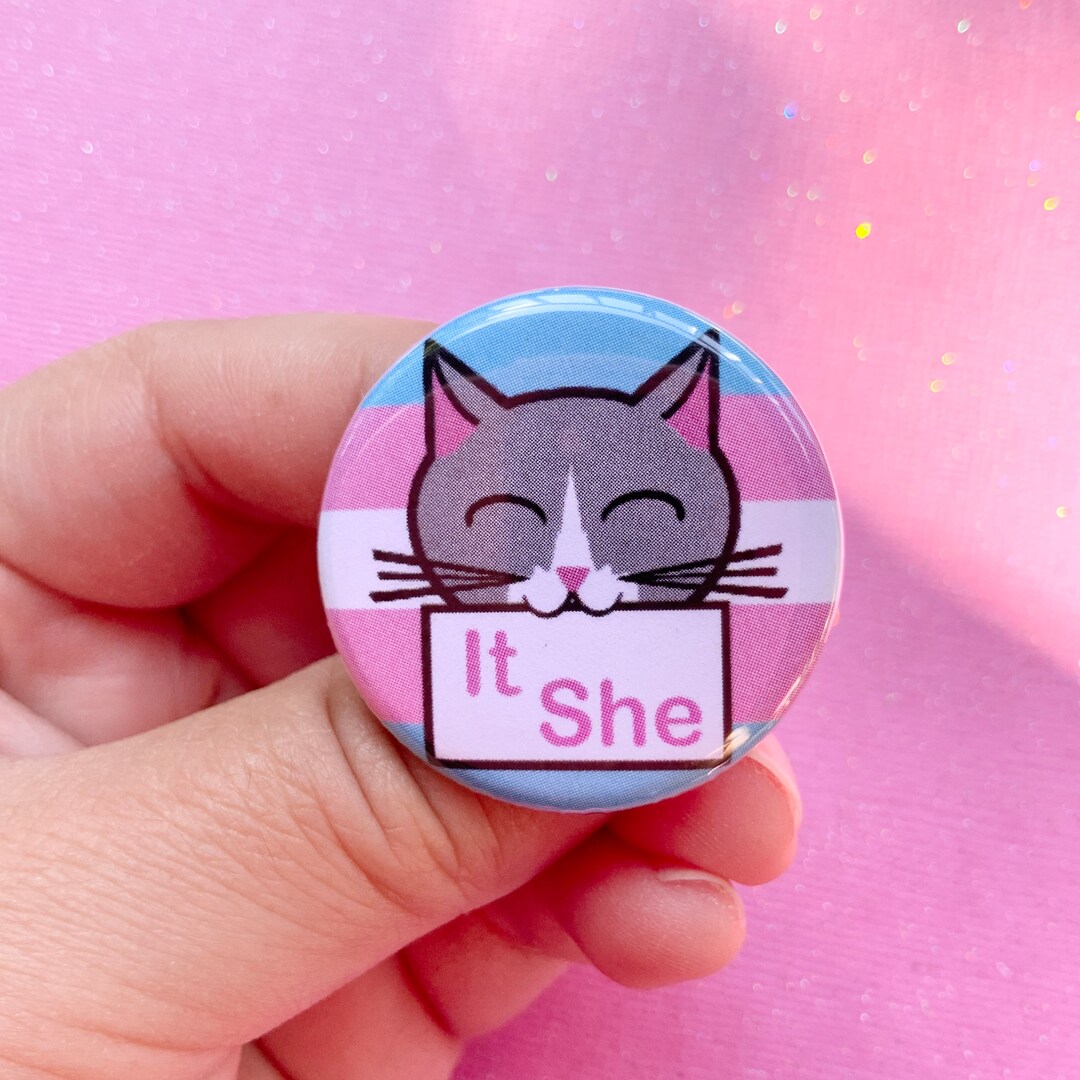 Kitty Cat Trans Pride Flag Pronoun 1.25 Inch Pin Back Button It/she ...