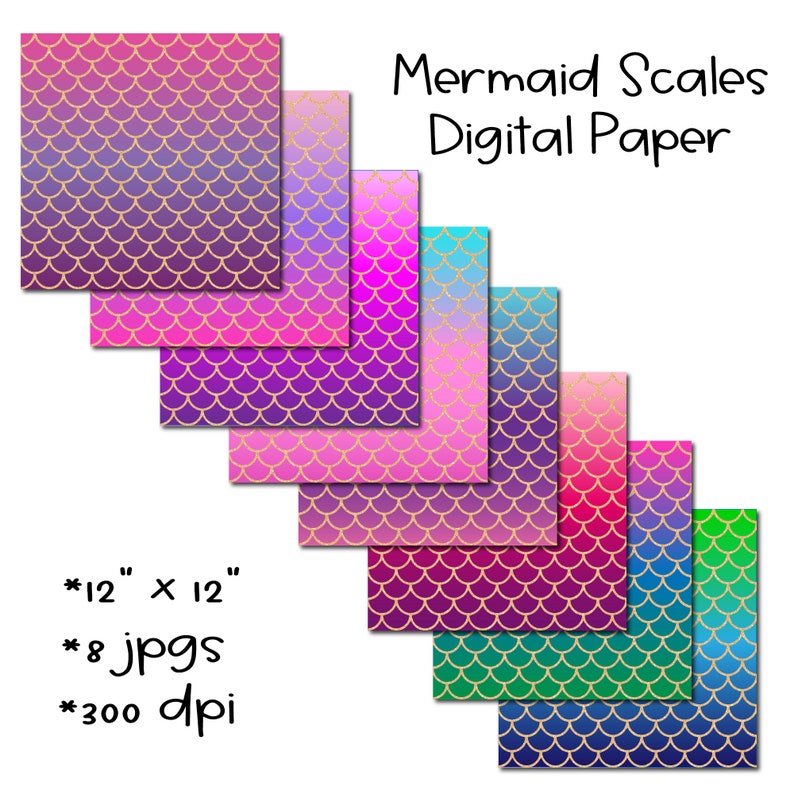 Mermaid Digital Paper Set, Mermaid Scales Digital Background Bundle ...