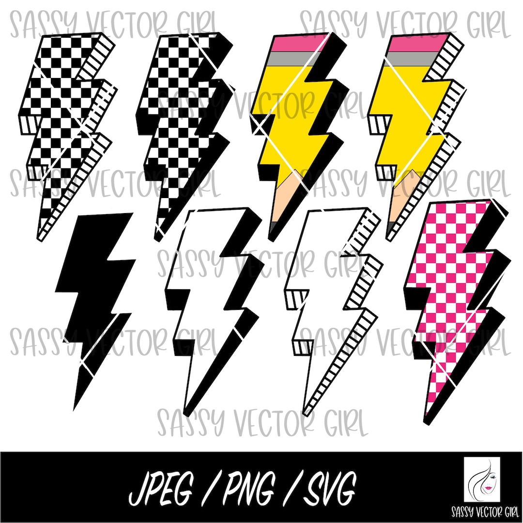 Lightning Bolt Svg Bundle, Checkered Lightning Png, Pink Checkerboard ...