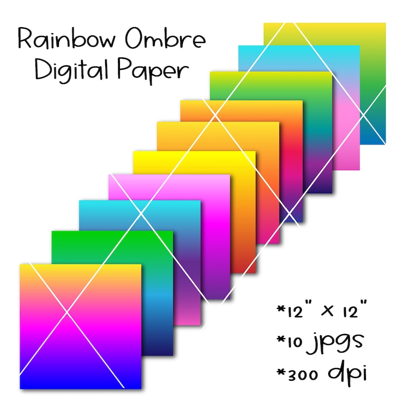 Ombre Digital Paper Set, Ombre Digital Background Bundle, Rainbow ...