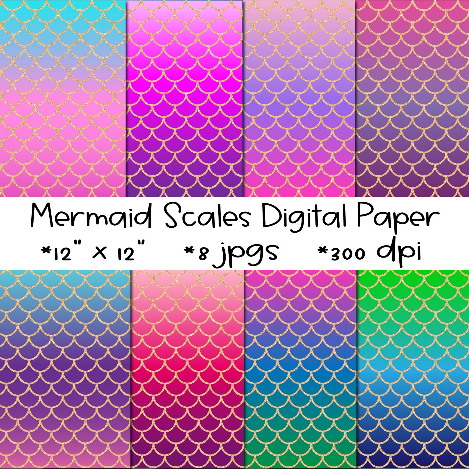 Mermaid Digital Paper Set, Mermaid Scales Digital Background Bundle ...