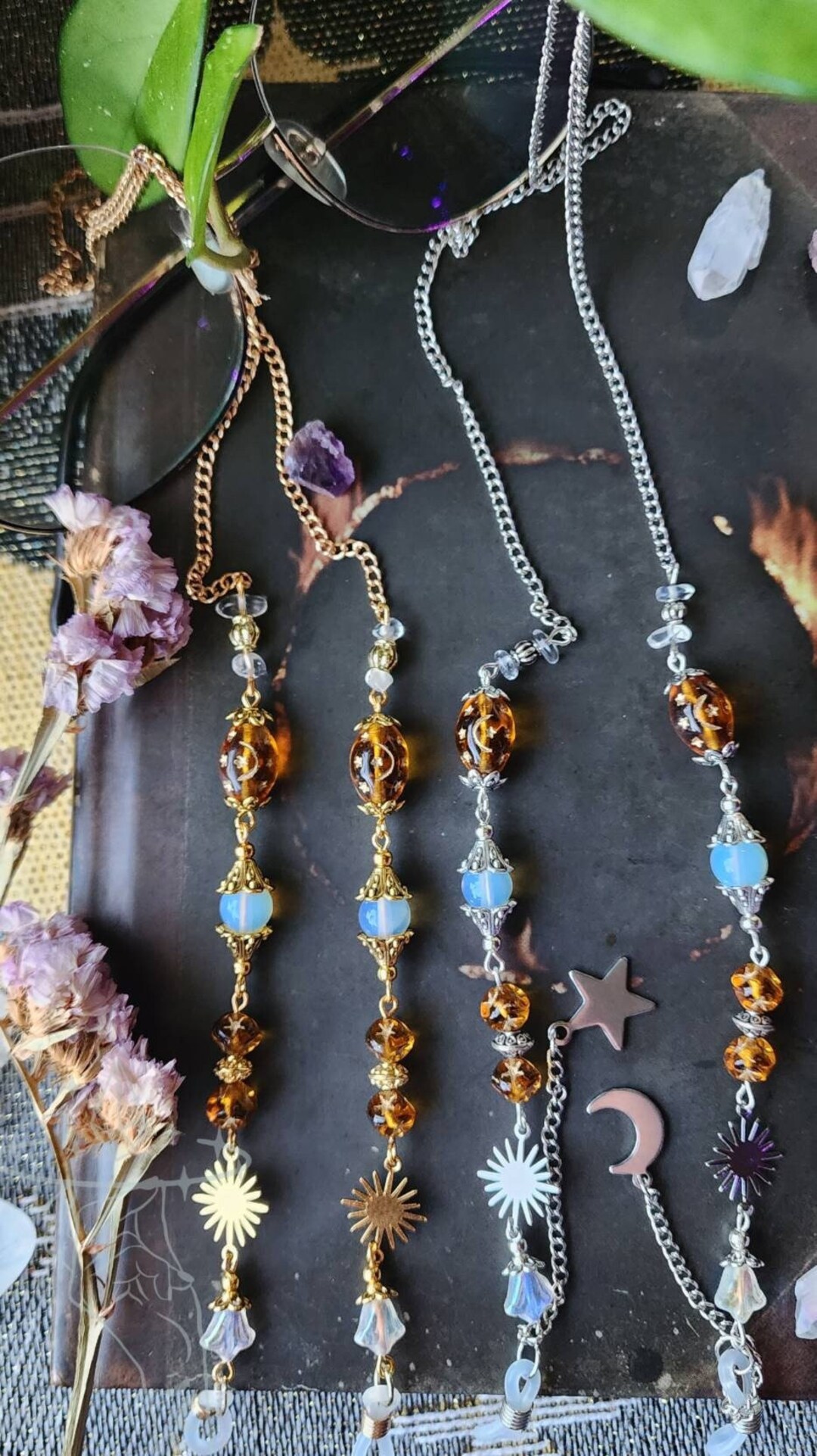 Amber Whimsical Eyeglass Chain | Czech Crystals | White Opal Crystal ...