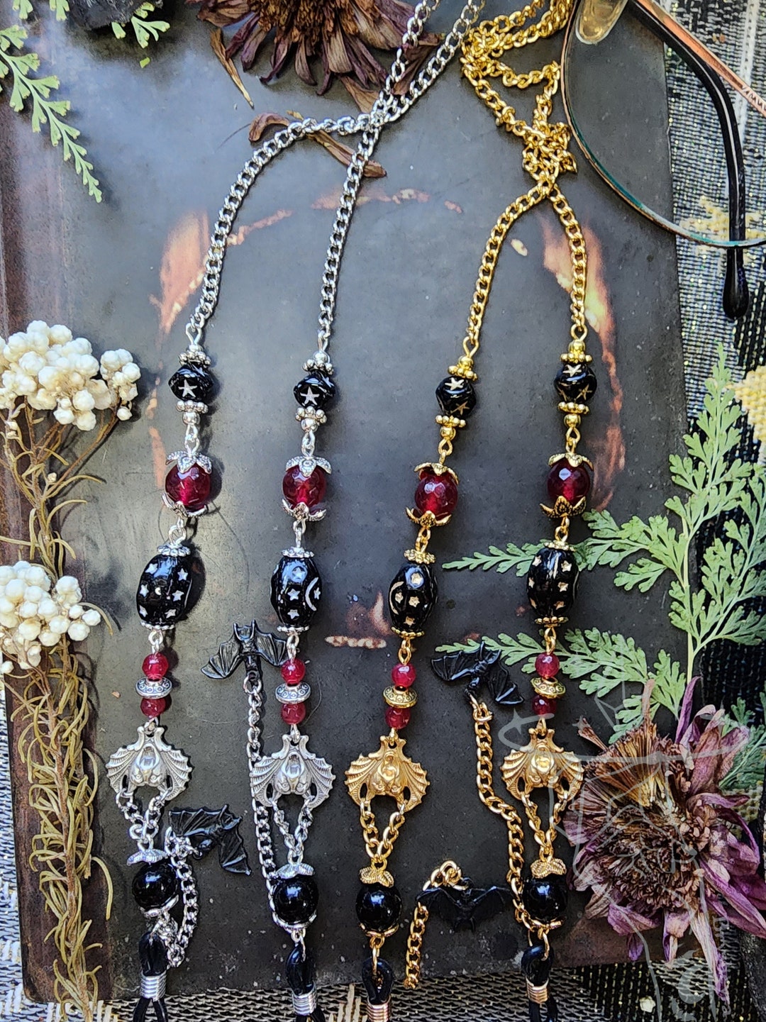 Vesper's Embrace Silver or Gold Eyeglass Chain | Black Czech Crystal ...