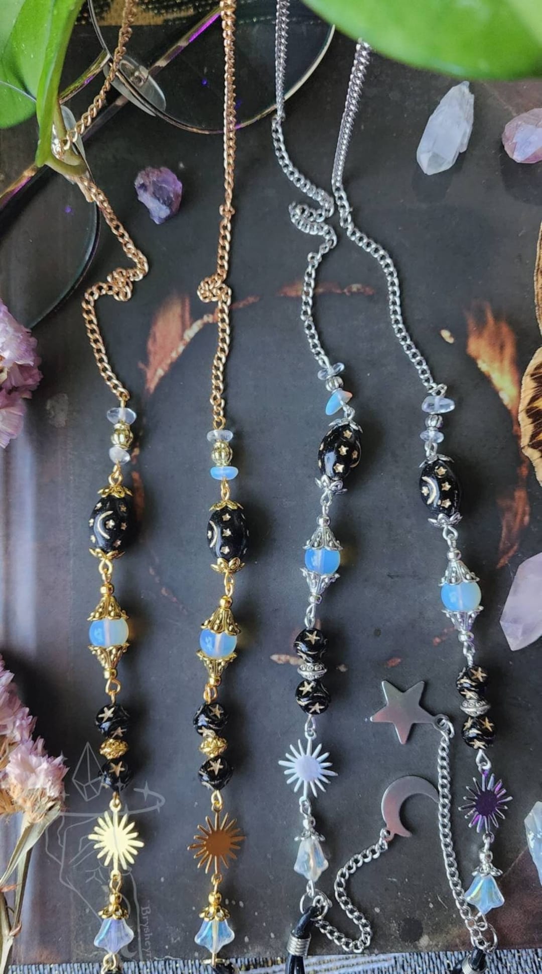 Black Whimsical Eyeglass Chain Czech Crystals White Opal Crystal Moon ...
