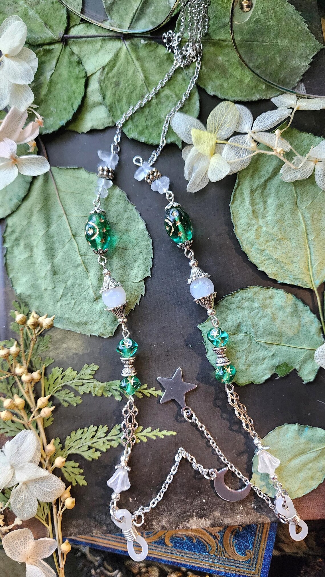 Emerald Green Whimsical Eyeglass Chain | Czech Crystals | White Opal ...