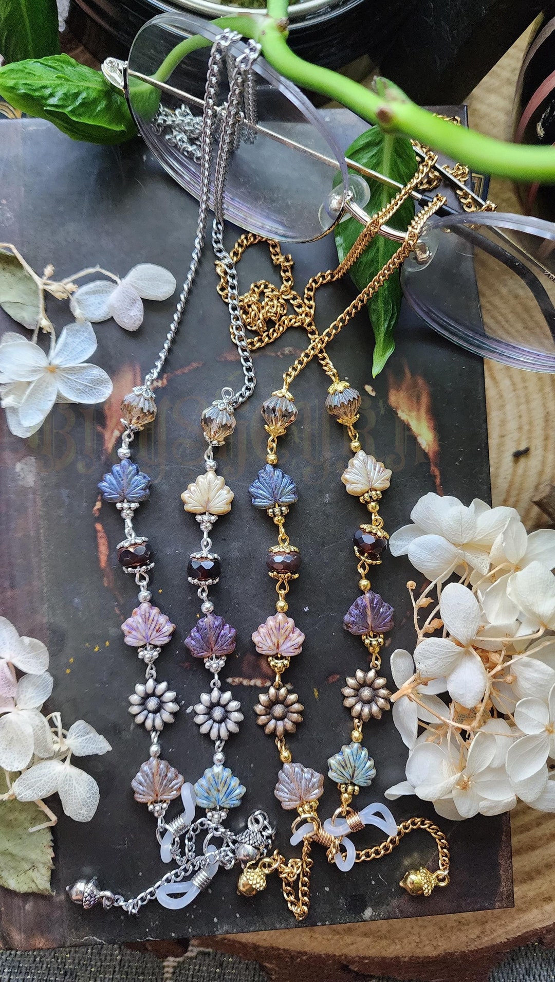 Twilight Leaves Silver Gold Eyeglass Chain | Czech Crystal | Fall ...