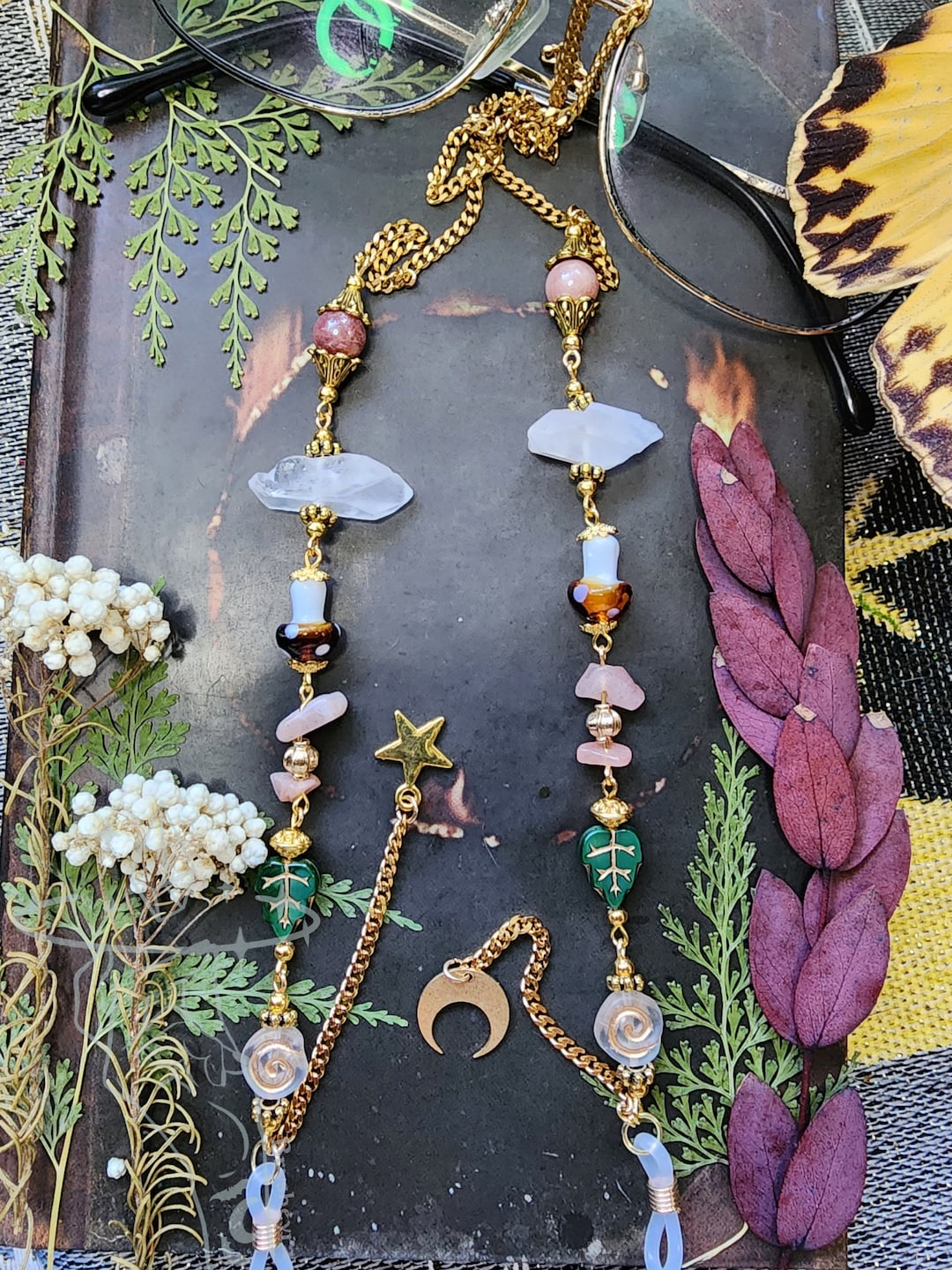 Wispy Woods Gold Eyeglass Chain | Czech Crystal | Mushroom Sunstone ...