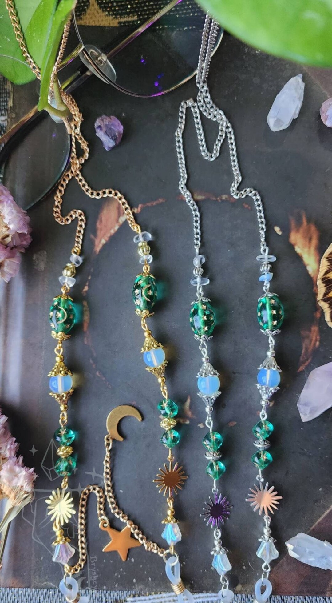 Emerald Green Whimsical Eyeglass Chain Czech Crystals White Opal ...