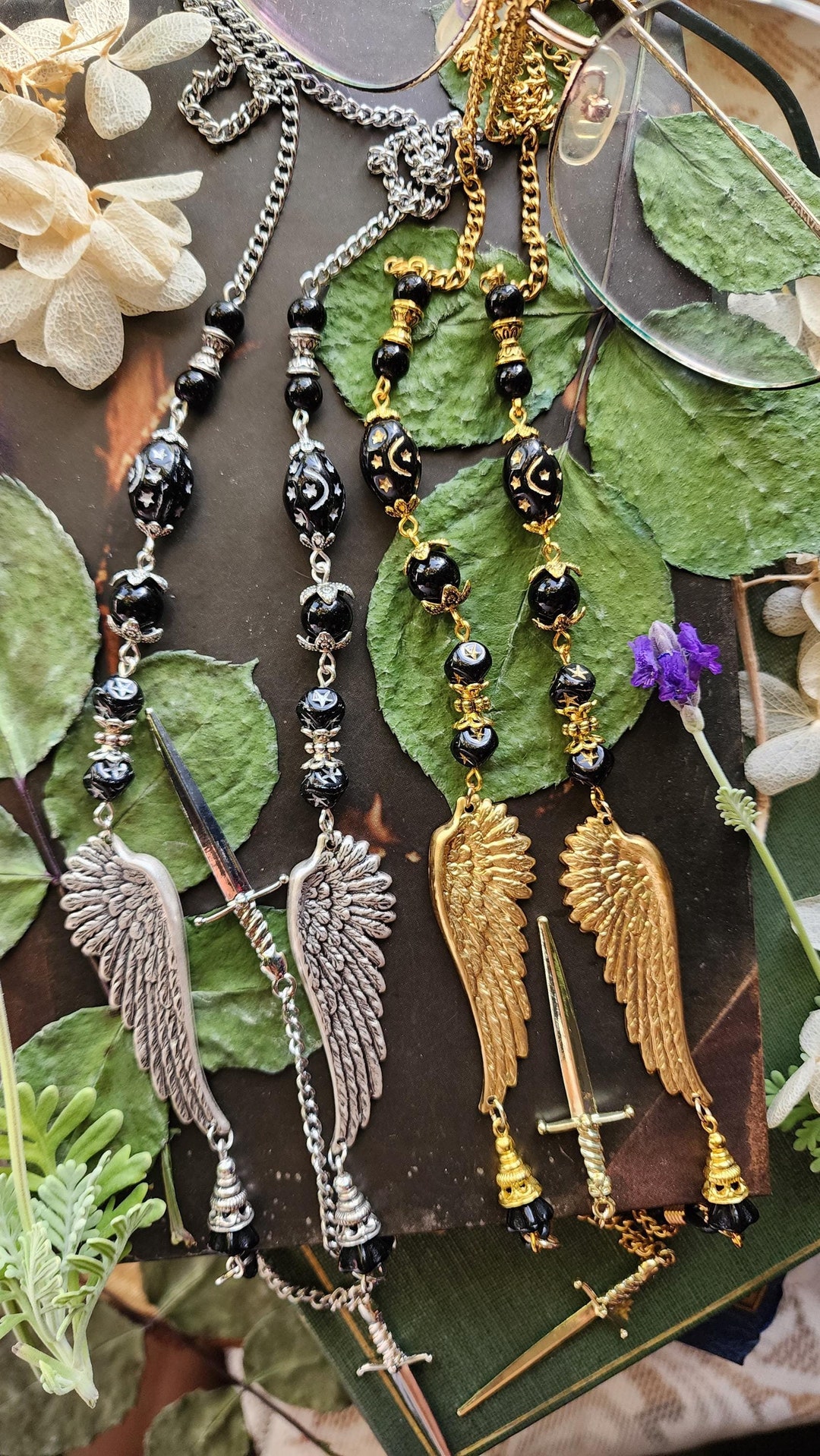 Wings of Ash Gold or Silver Eyeglass Chain | Black Obsidian | Celestial ...