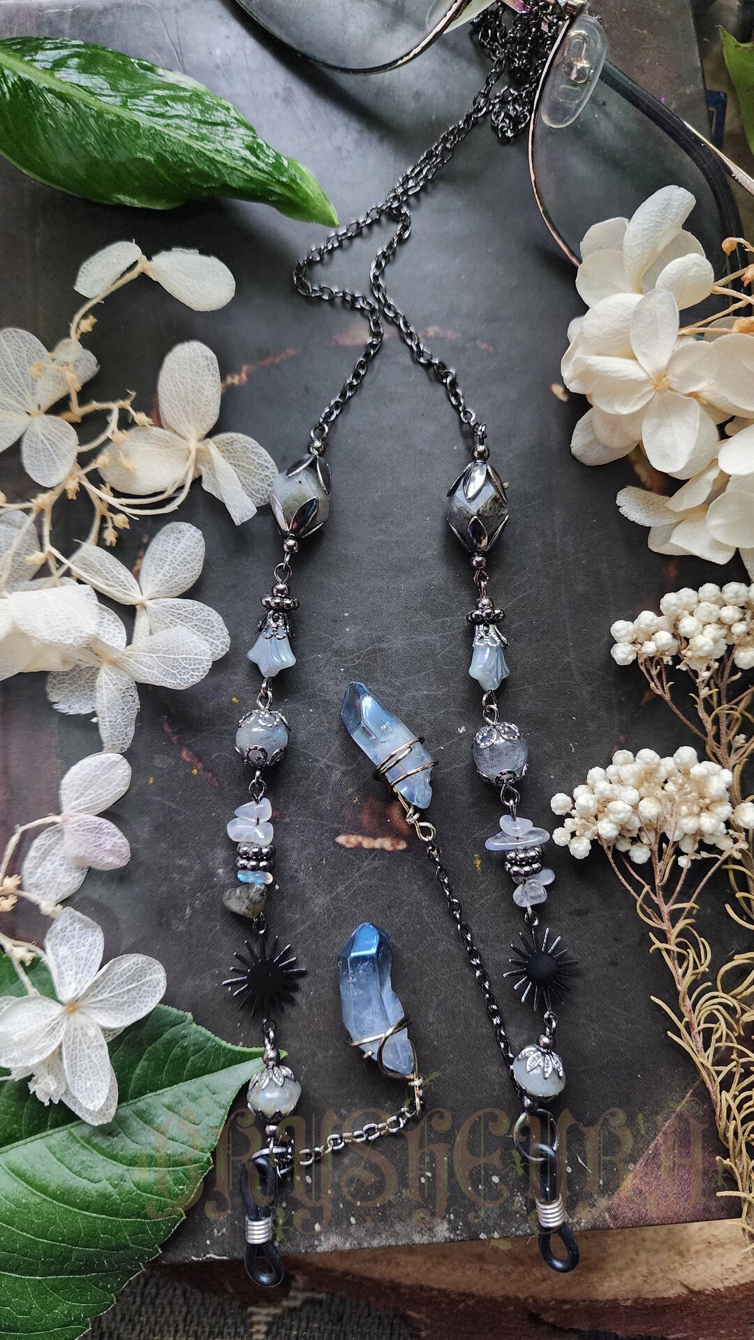 Dark Elf Gunmetal Eyeglass Chain | Czech Crystal | Labradorite Beads ...