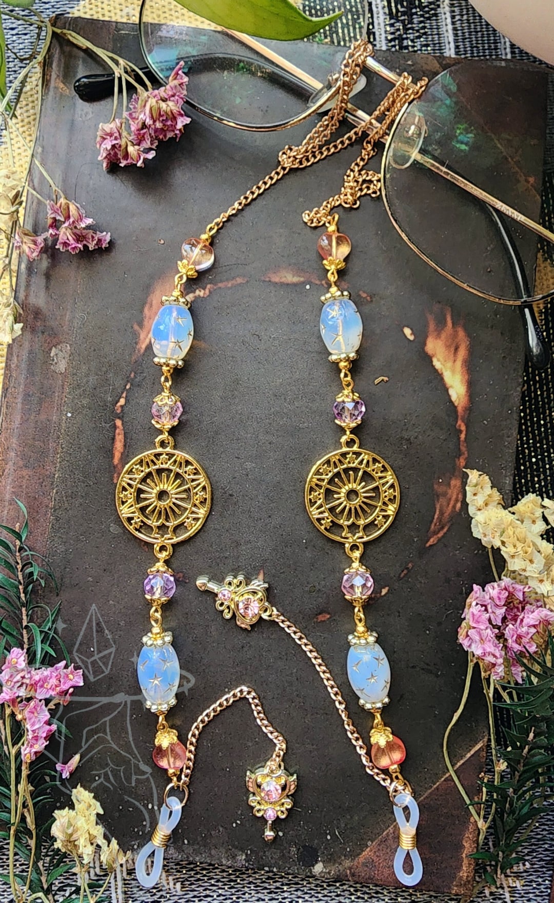 Dreamweaver's Charm Gold Eyeglass Chain | Czech Crystal | Opal Beads ...