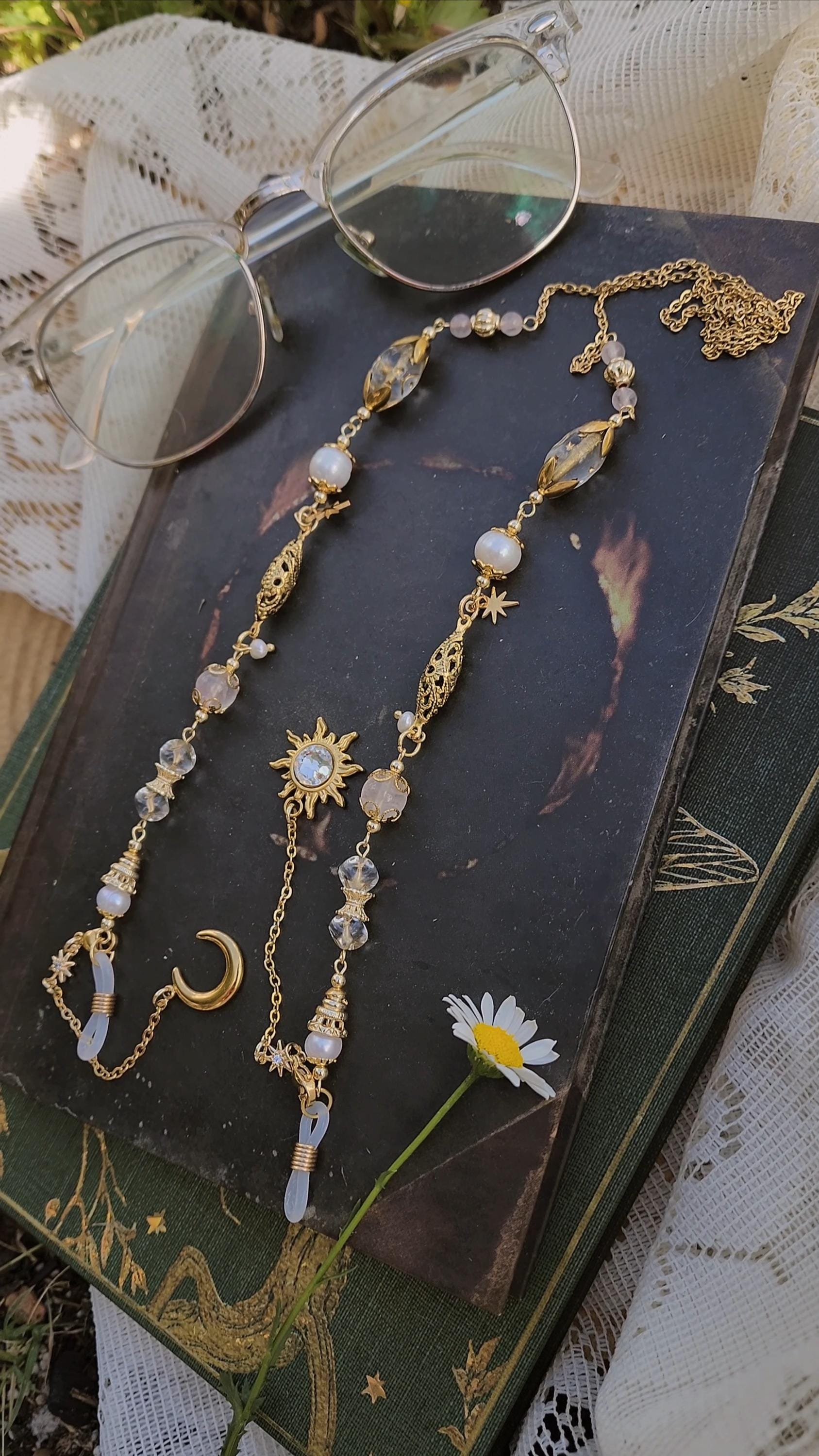 Stellar Amour Gold Eyeglass Chain | Celestial Sun Moon and Stars ...
