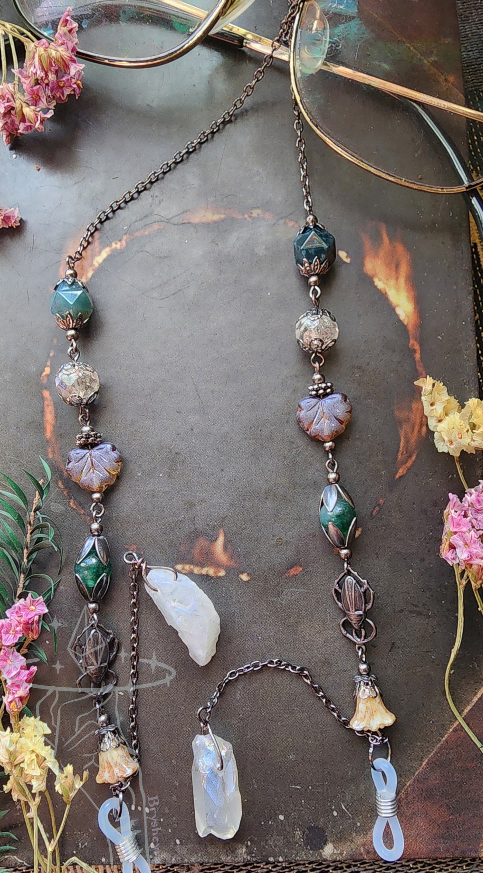 Dried Nature Gunmetal Eyeglass Chain | Czech Crystal | Moss Beads ...
