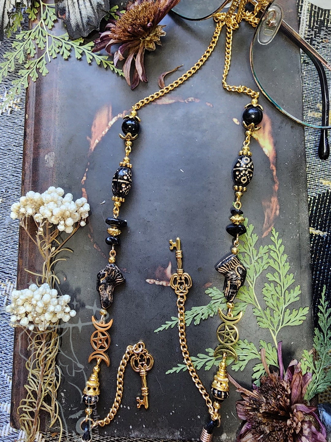 Hekate Gold Eyeglass Chain Czech Crystal Obsidian Crystal Beads Moon ...