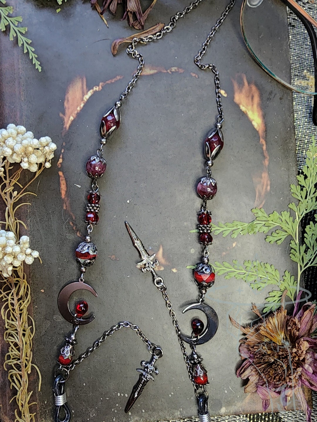 Blood Moon Gunmetal Eyeglass Chain | Czech Crystal | Red Garnet Beads ...