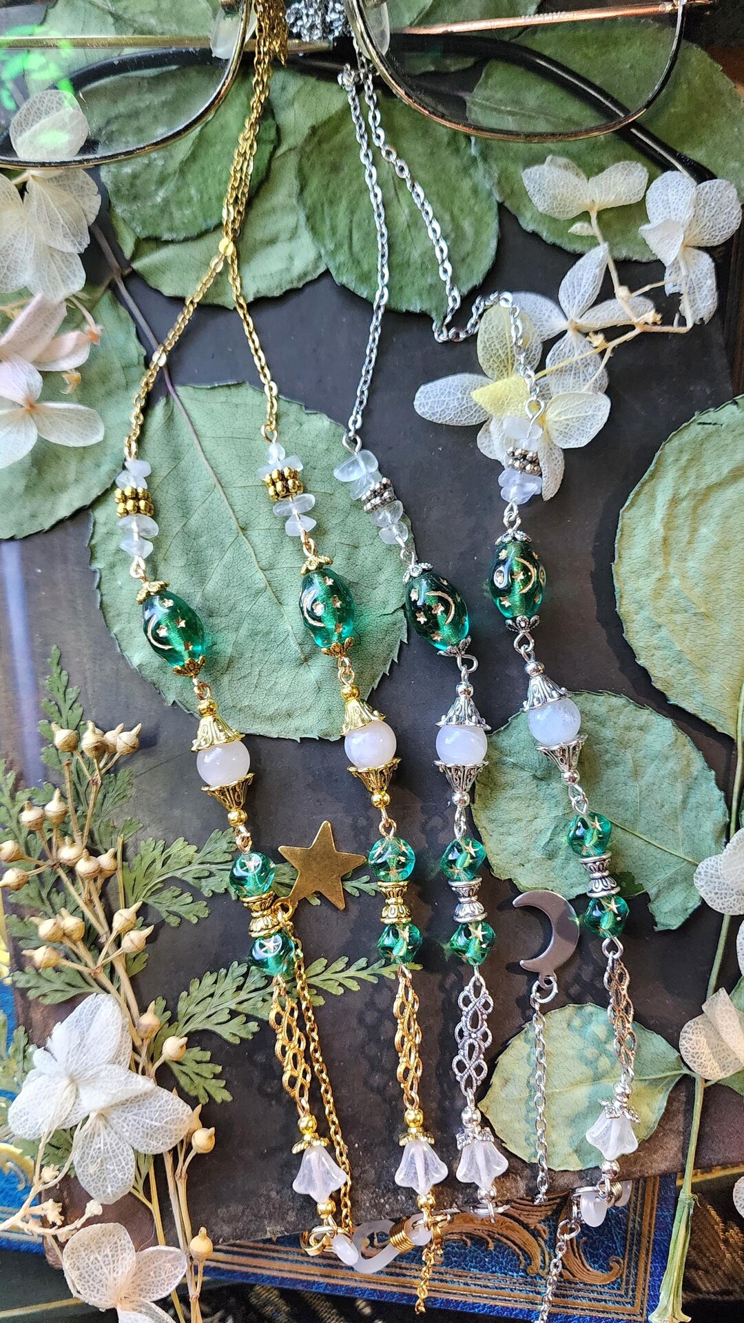 Emerald Green Whimsical Eyeglass Chain | Czech Crystals | White Opal ...