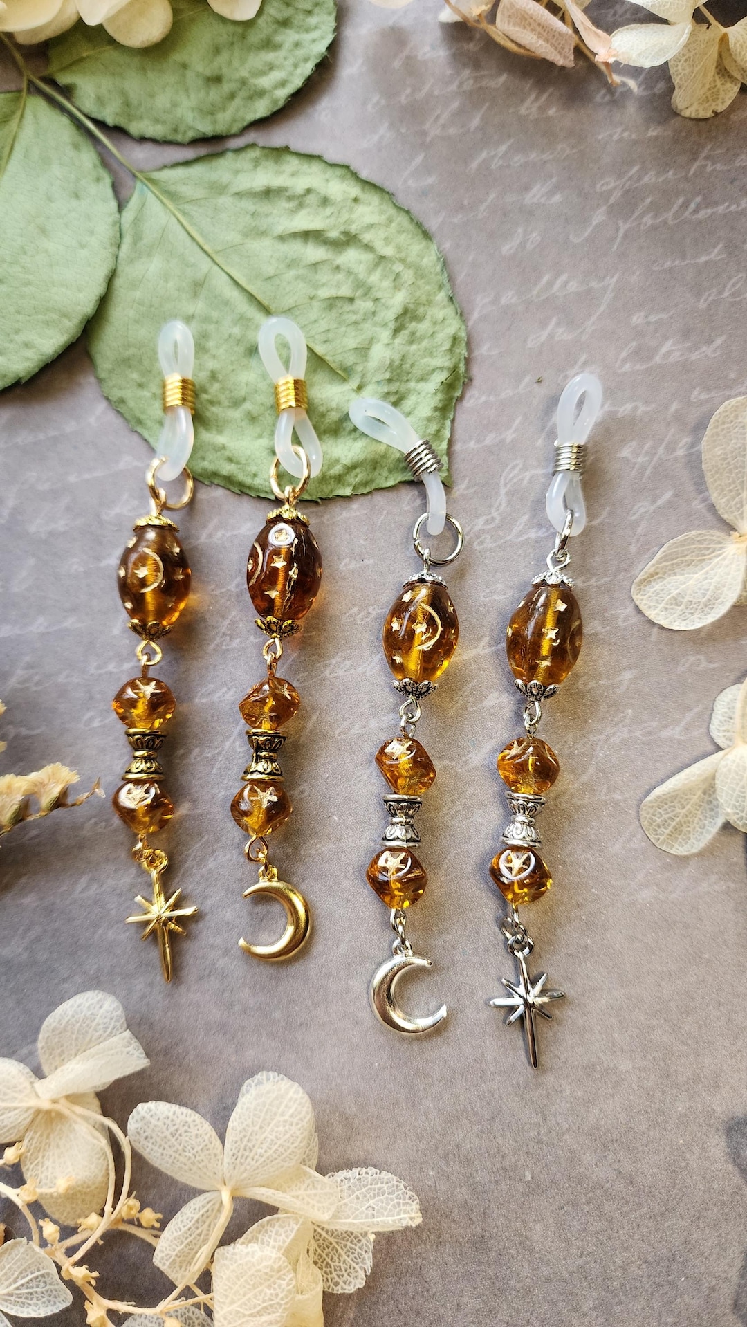 Amber Superlunary Silver or Gold Eyeglass Charms | Gold Orange Czech ...