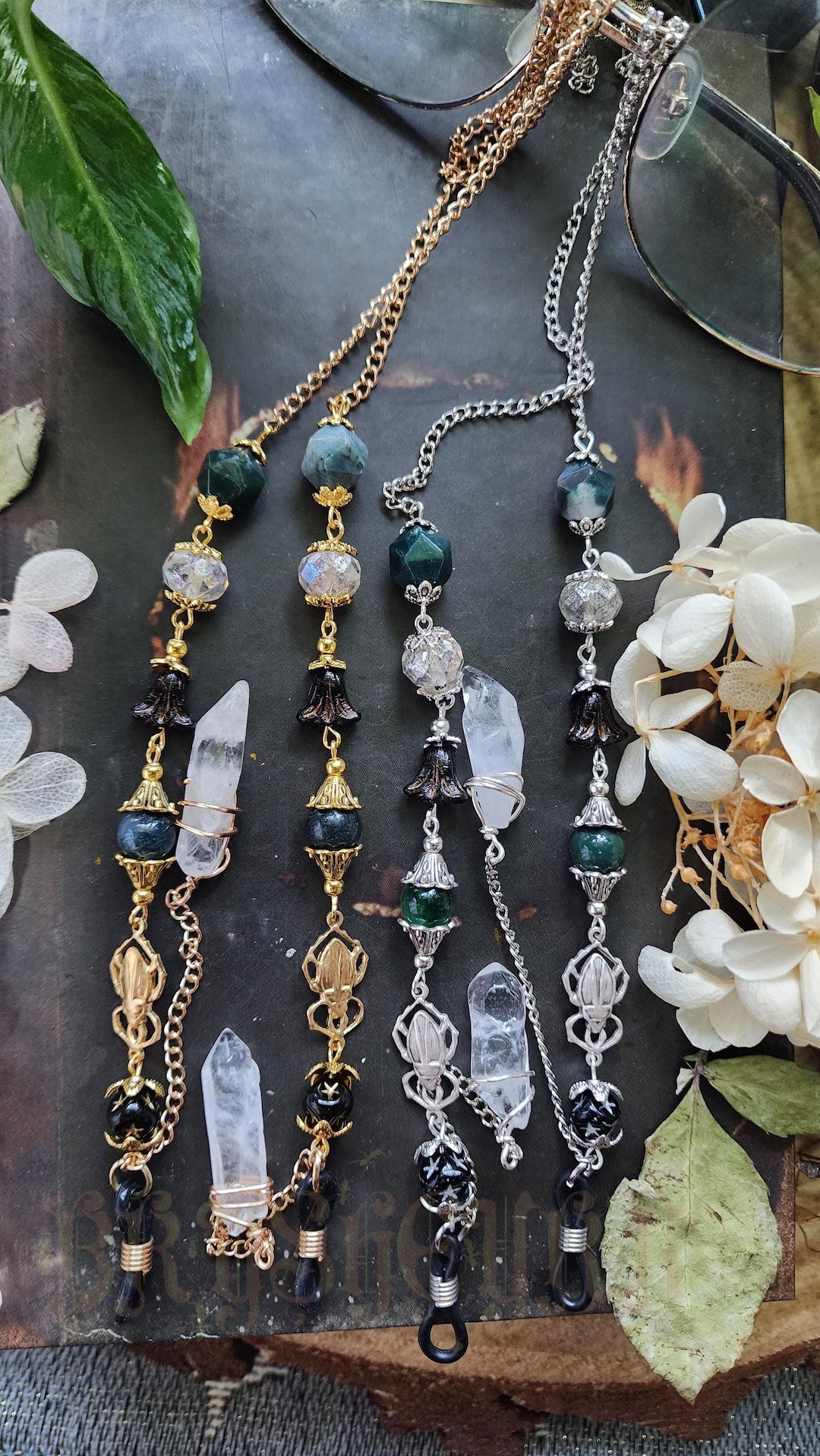 Mystic Beetle Silver Gold Eyeglass Chain| Czech Crystal | Moss Agate ...