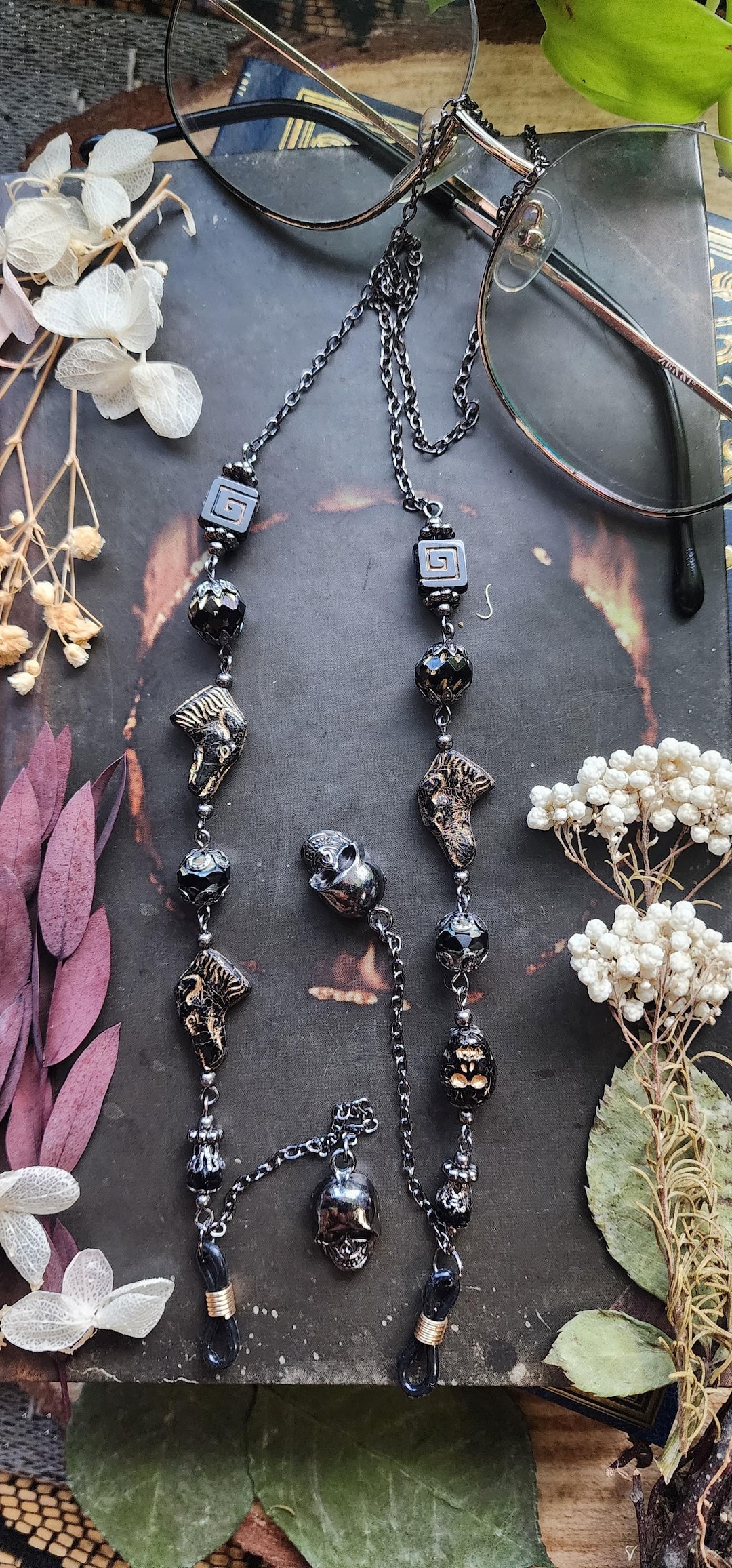 King of the Underworld Gunmetal Eyeglass Chain | Black Czech Crystal ...