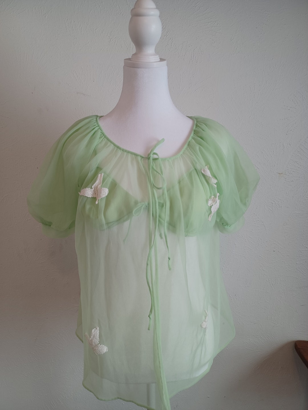 Vintage Sheer Light Celery Green Peignoir Nightie and Matching Bra by Lisette Small - Etsy