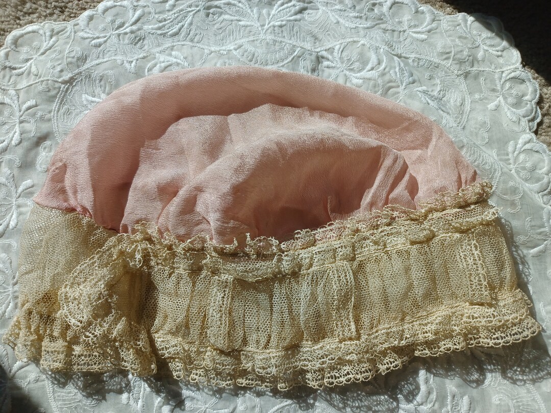 Antique 1910s 1920s Flapper Ladies Pink Silk Lace Bed Cap Bonnet Sleep ...
