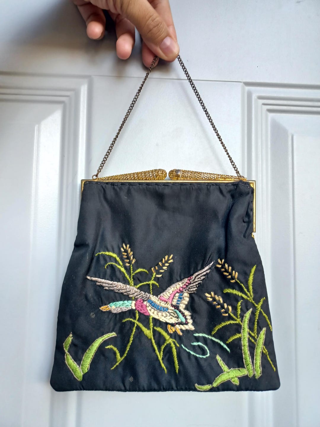 Vintage Antique 1920s Rayon Silk Black Embroidered Duck Novelty Print ...