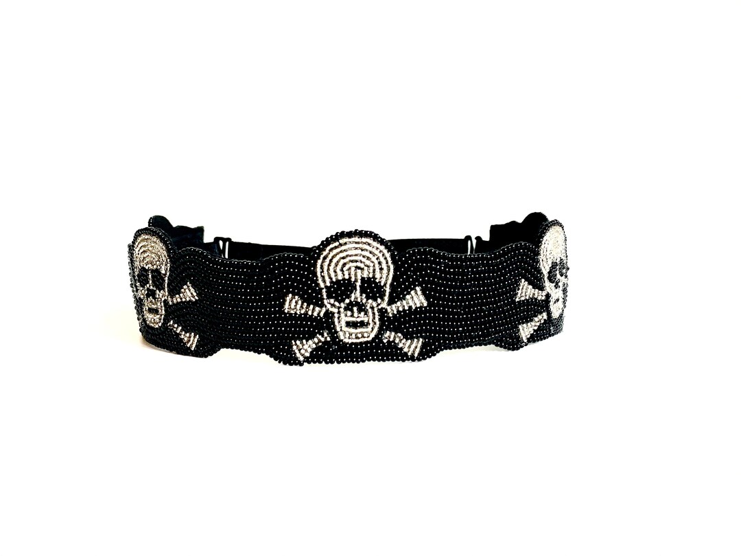 Beaded Headband - Skull and Crossbones Headband - Halloween Headband ...