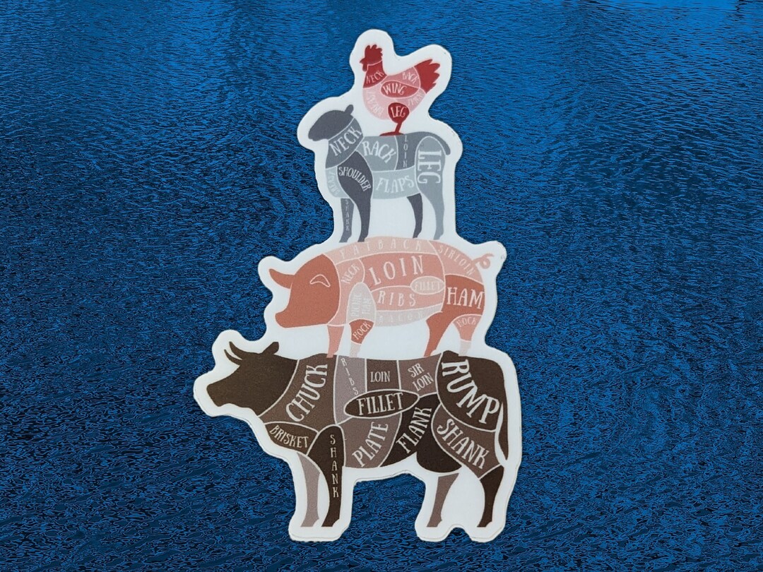 Stacked Farm Animals Stickers for Water Bottles, Butcher Cuts Decal ...