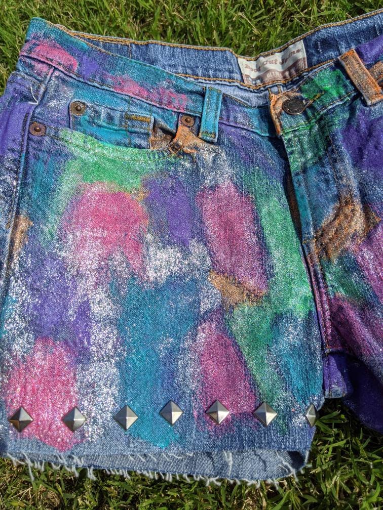 Hand-painted OOAK Neon Glitter Shorts Women Size 4 Cosplay - Etsy