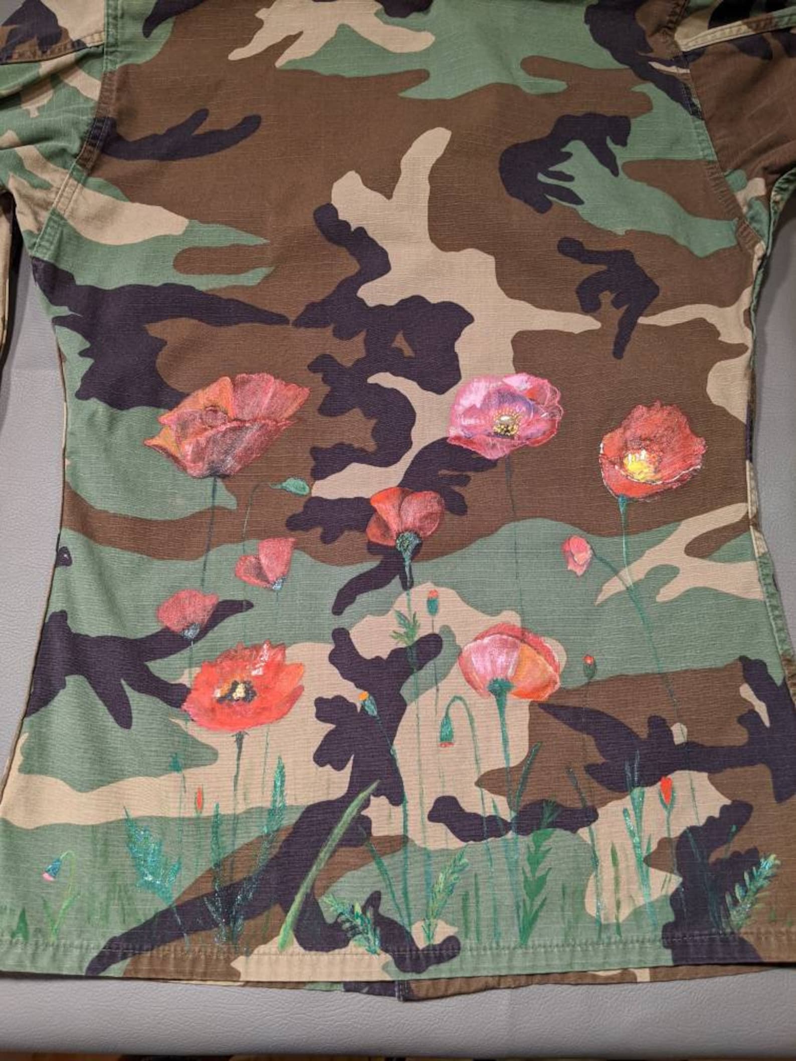 Hand Painted Poppies Camo BDU Jacket Small XS - Etsy