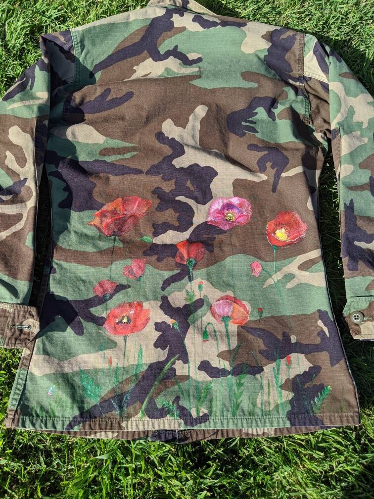 Hand Painted Poppies Camo BDU Jacket Small XS - Etsy