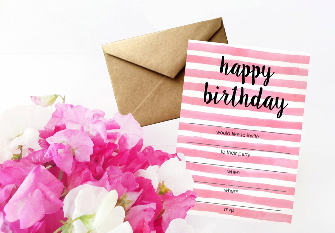 Digital Happy Birthday Party Invitation in Pink Stripes, a Paper Invite ...
