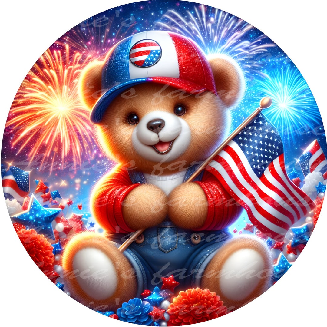 Freedom Teddy Bear , Patriotic, July 4, Independence Liberty Metal Wreath Sign, Round Sign ...