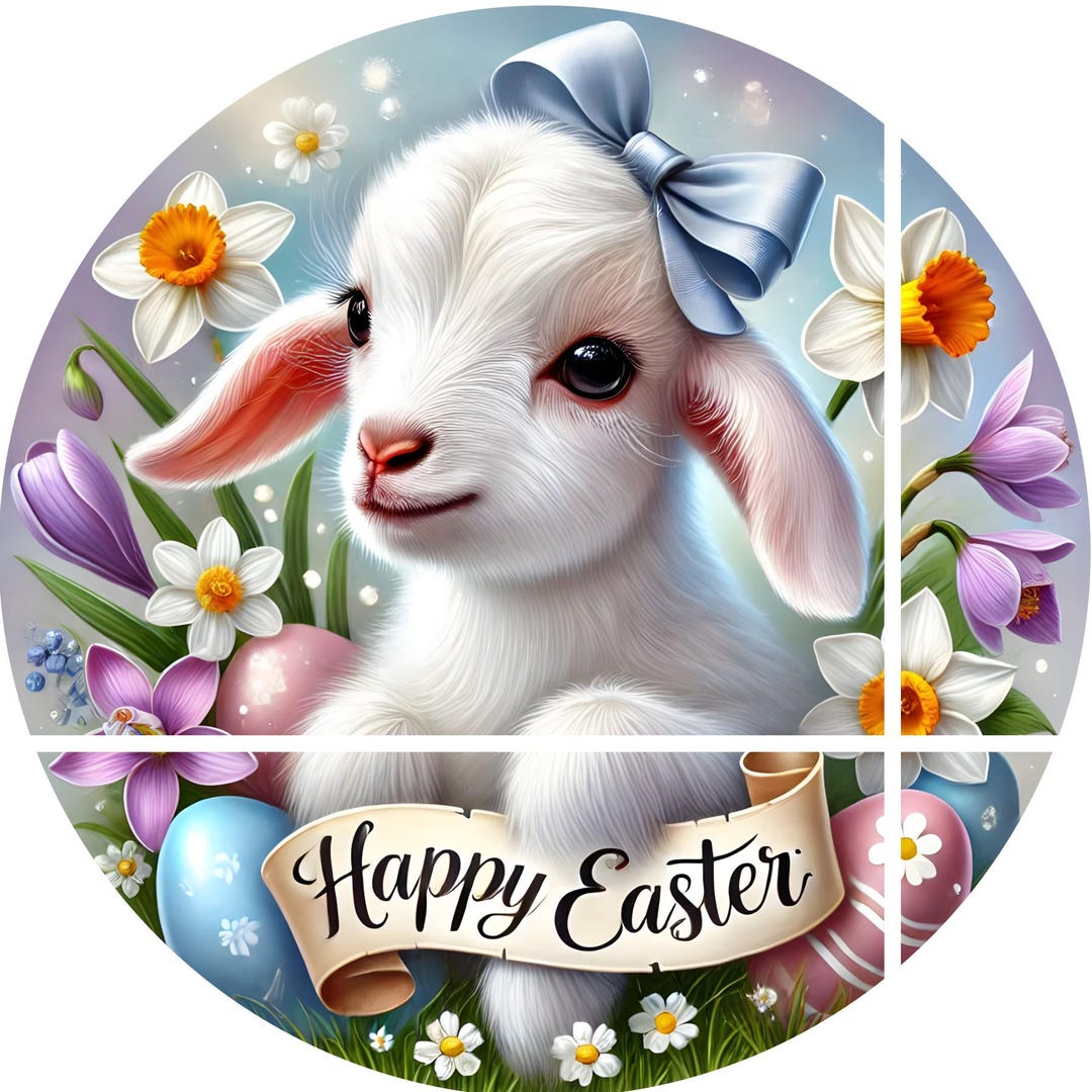 Easter Goat Round Metal Wreath Sign, Easter Eggs, Flowers, Goat, Wreath ...