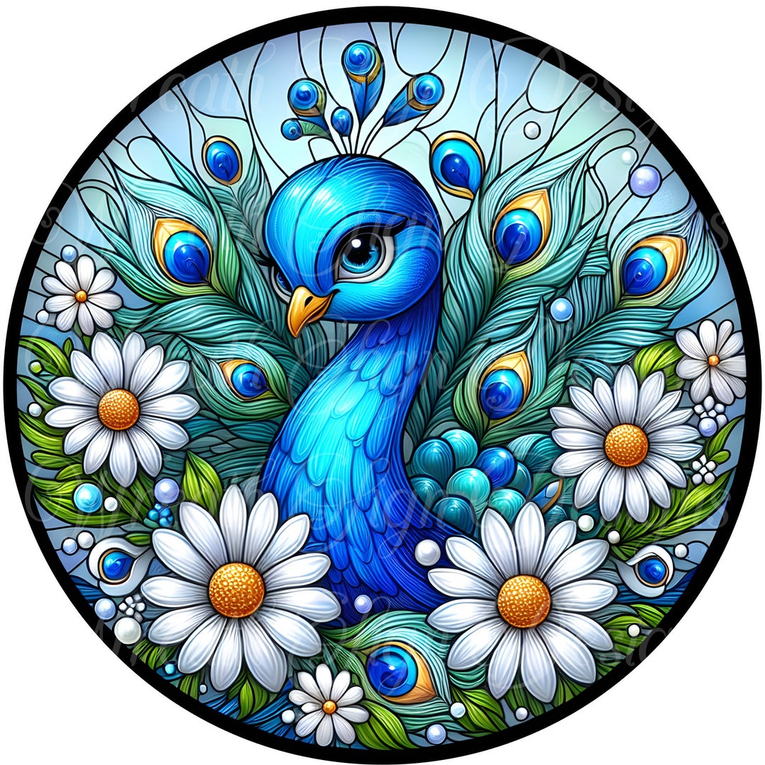Round Metal Wreath Sign, Faux Stained Glass Blue Peacock Sign, Wreath ...