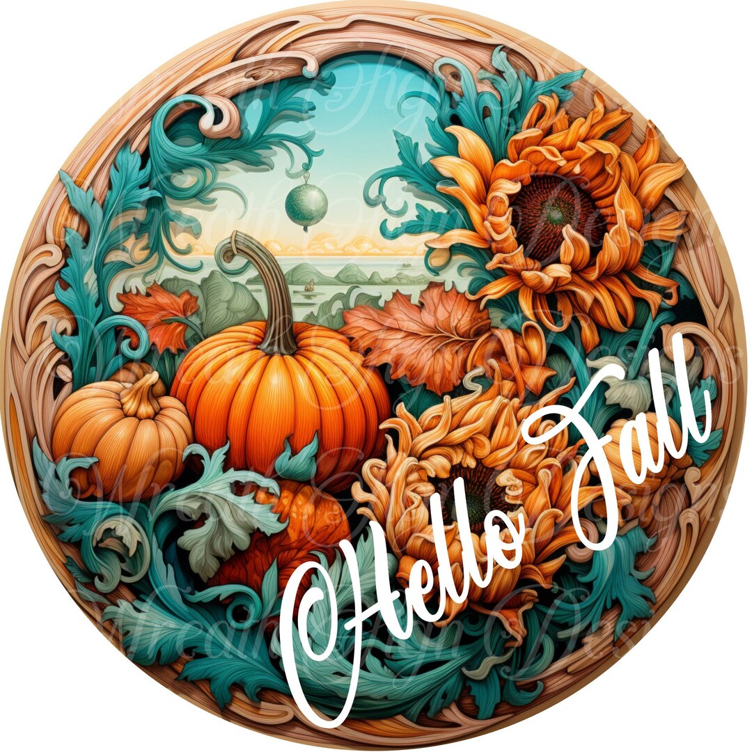 Round Metal Sublimated Wreath Sign, Hello Fall Teal and Orange Wreath ...