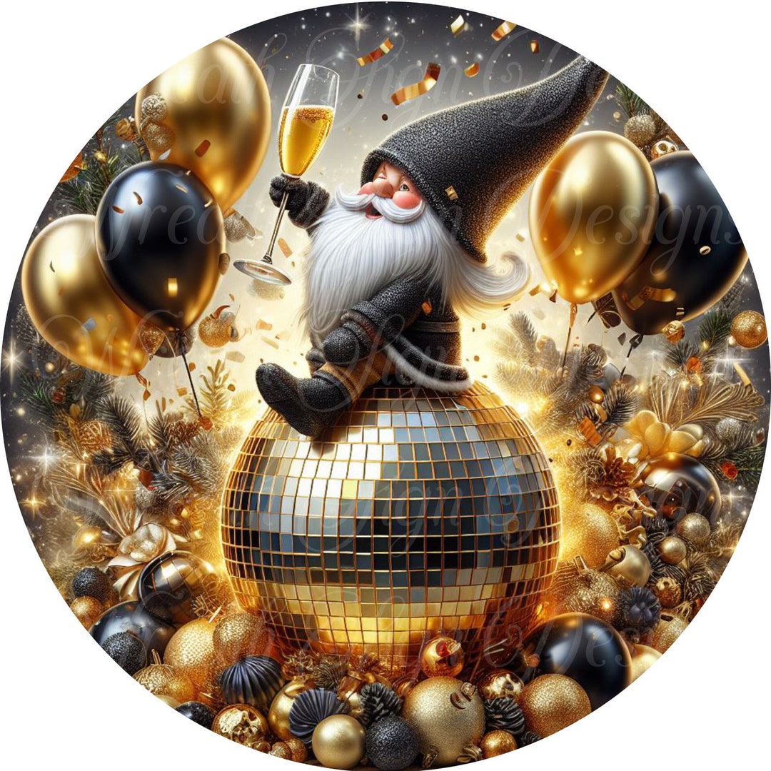 Happy New Year Round Metal Wreath Sign New Year's Gnome - Etsy