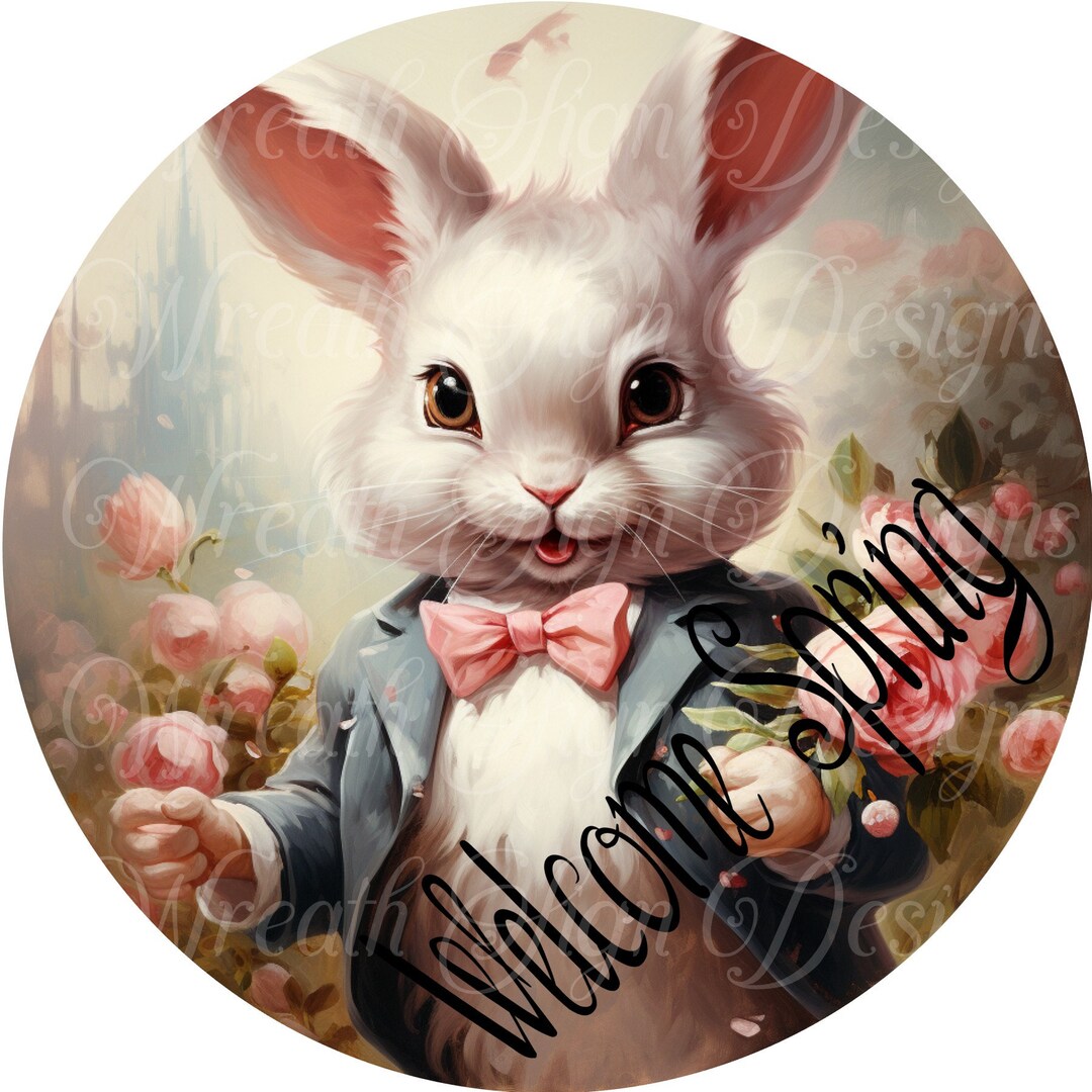 Easter Rabbit, Easter Bunny, Spring, Easter Eggs and Flowers, Round Metal Sublimated Wreath Sign ...