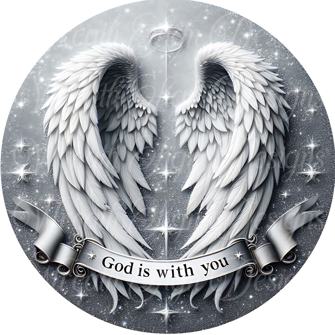 God is With You Angel Wings Round Sign, Memorial Day Wreath Attachment ...